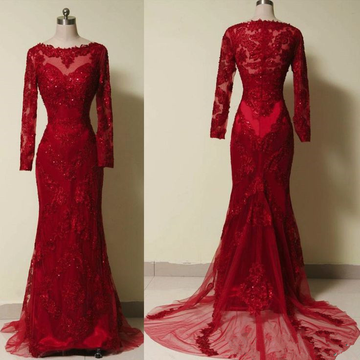 Pretty Handmade Wine Red Lace Applique With Tulle Prom Gowns, Red Prom ...