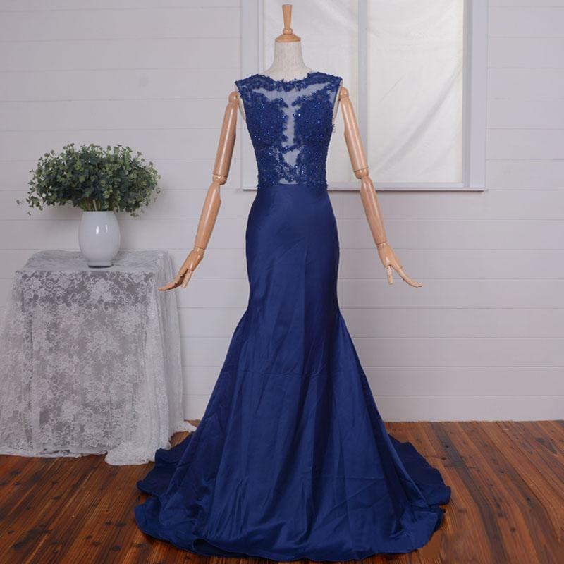 Navy Blue Mermaid Prom Gowns With Illusion Jewel Neckline, Floor Length ...